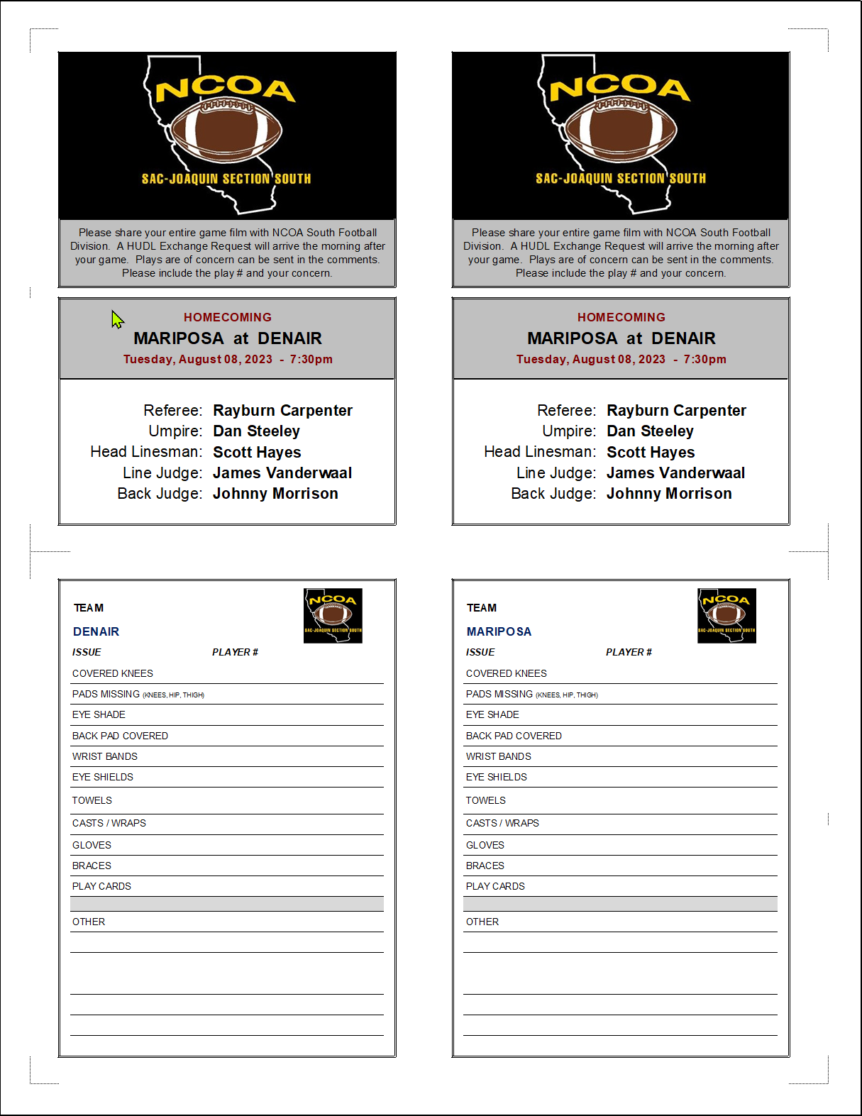 equipment cards | NCOA South Football Division